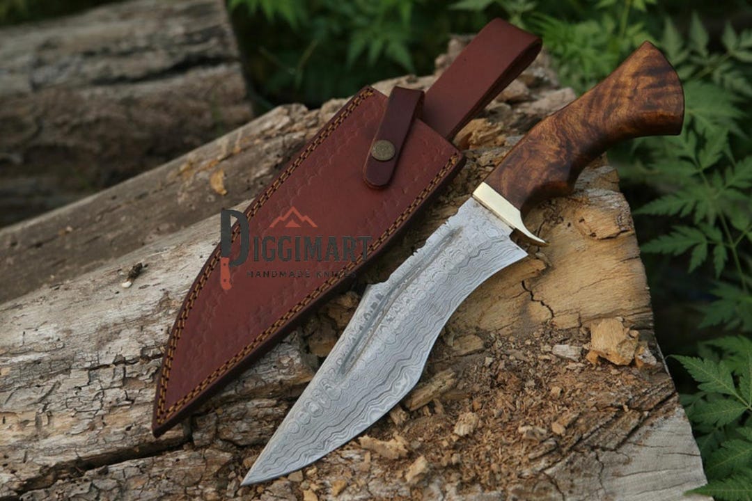 Handforged Damascus Hunting Bowie Knife With Rose Wood Handle Camping ...