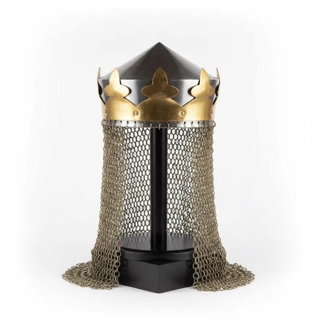 Medieval King's Crown Helmet, Steel & Brass With Chainmail Queen Helmet ...