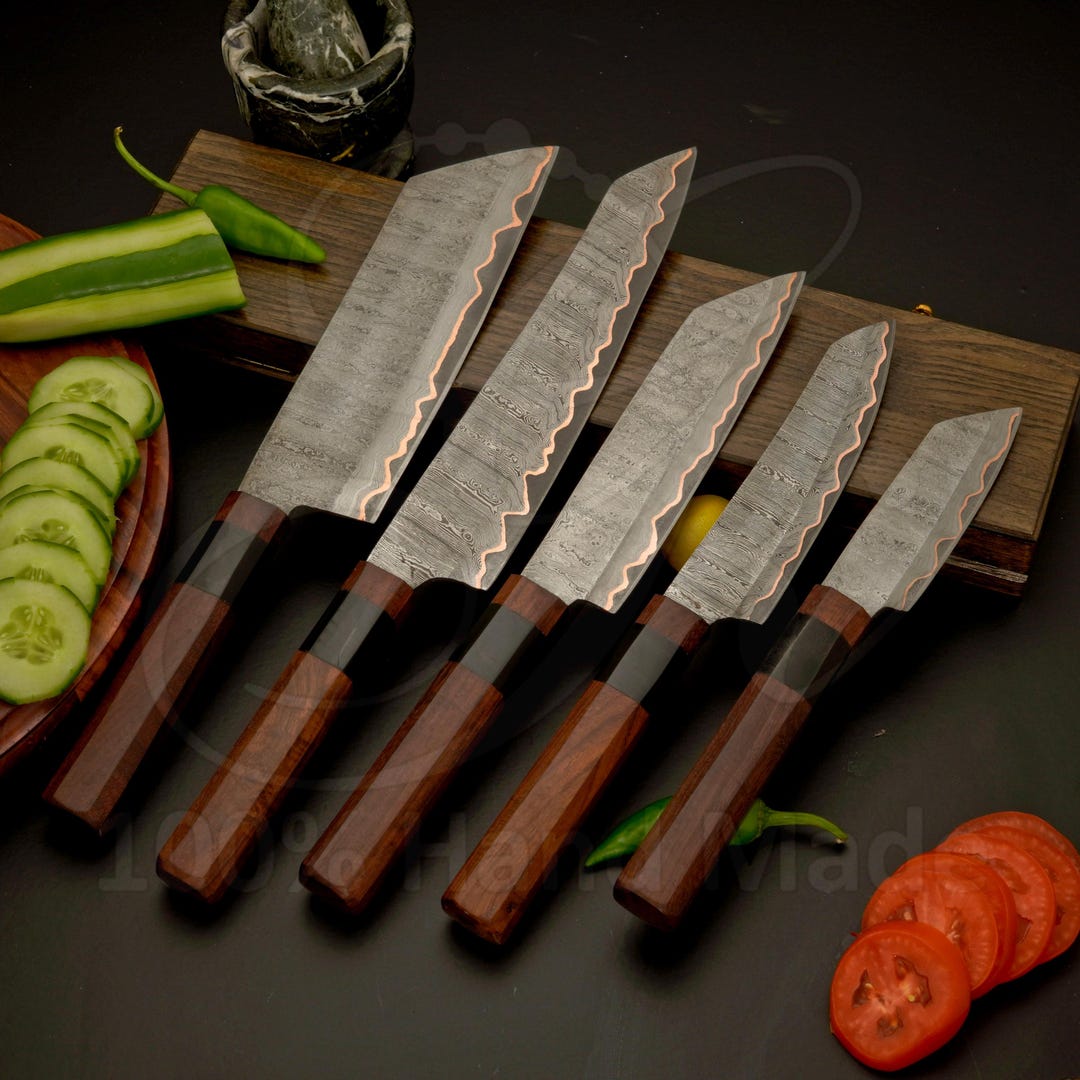 Chef Knives Set Handmade Copper Wave Damascus Kitchen Knife Set ...