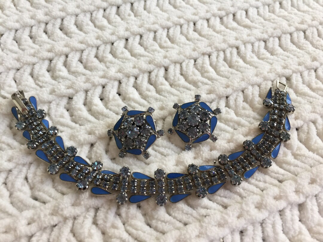 Vintage Weiss Blue Rhinestone and Enameled Demi Parure Bracelet and Earrings - Etsy