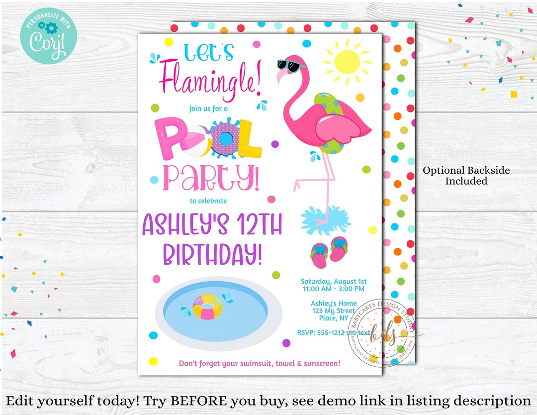 Flamingo Pool Party Birthday Invitation, Invite, Pool Party, Printable ...