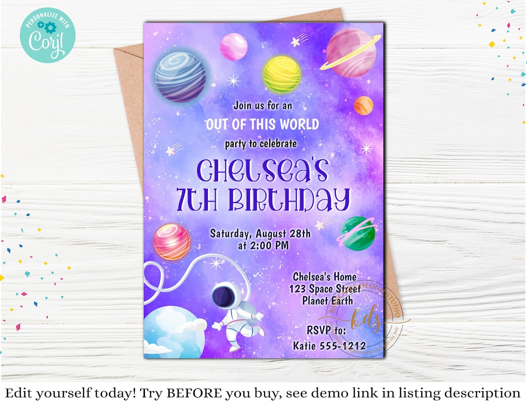 Girl Space Birthday Party Invitation, Invite, Digital, Printable ...