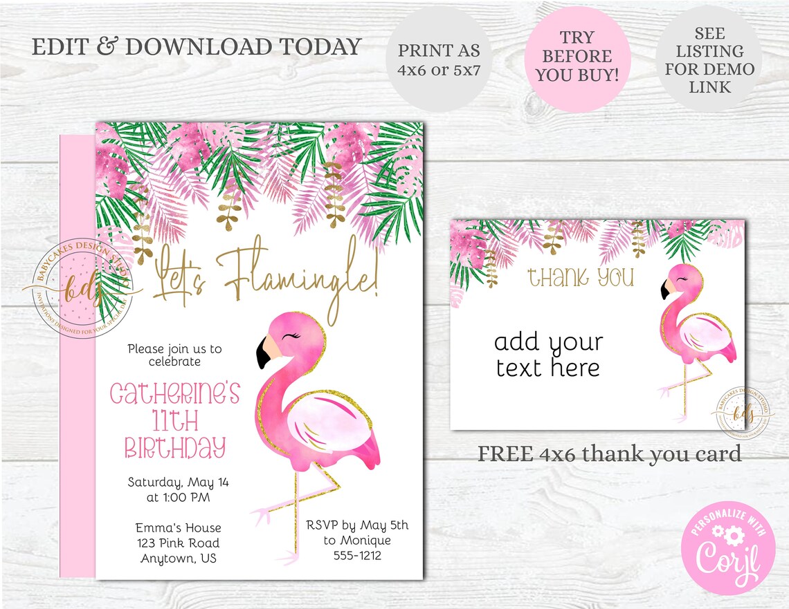 EDITABLE Flamingo Birthday Party Invitation, Invite, Printable, Digital ...
