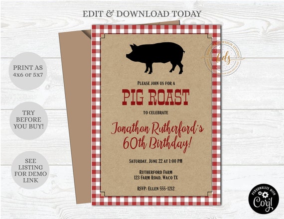 Pig Roast BBQ Birthday Party Invitation, Invite, Printable, Digital ...