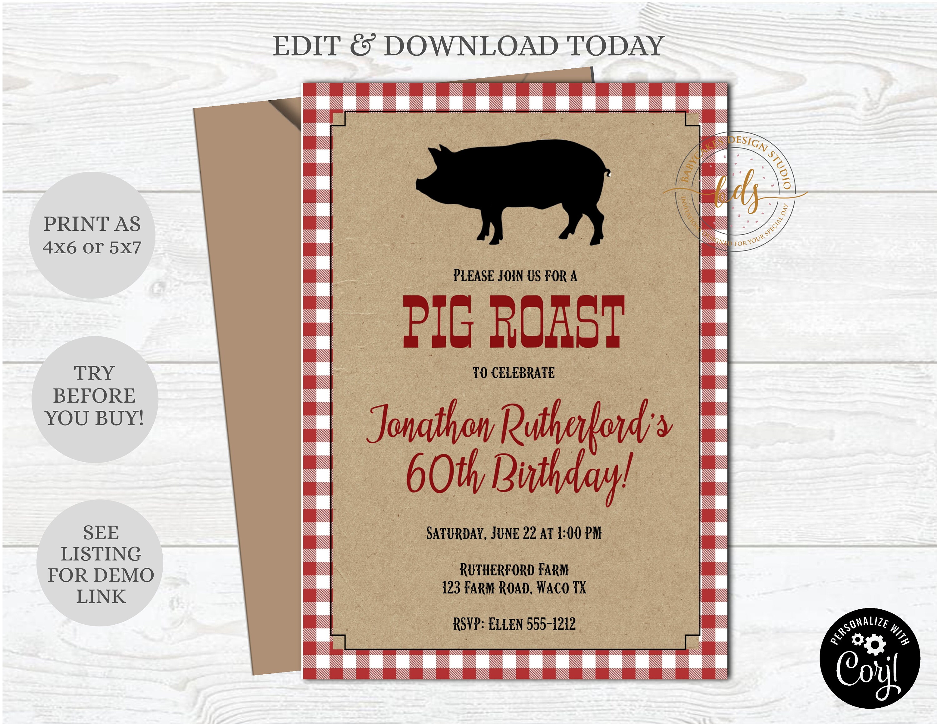 Pig Roast BBQ Birthday Party Invitation, Invite, Printable, Digital ...