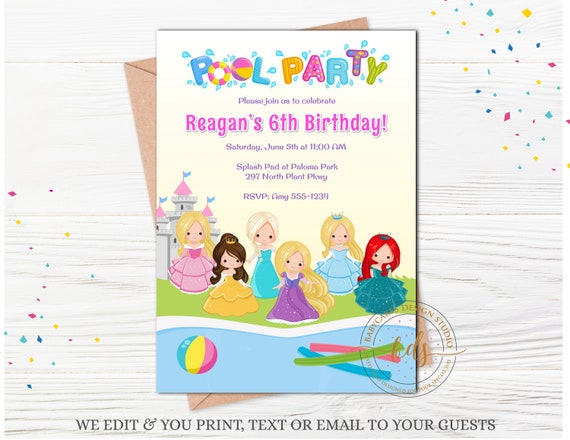 Princess Pool Party Birthday Party Invitation, Invite, Digital ...