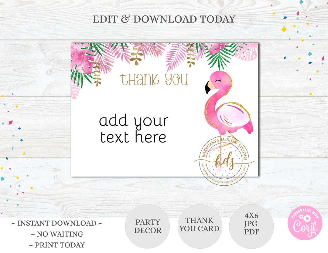 Editable Flamingo Birthday Thank You Card, Printable, Instant Download ...