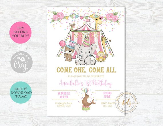 Editable Girl Pastel Circus Birthday Invitation Invite - Etsy