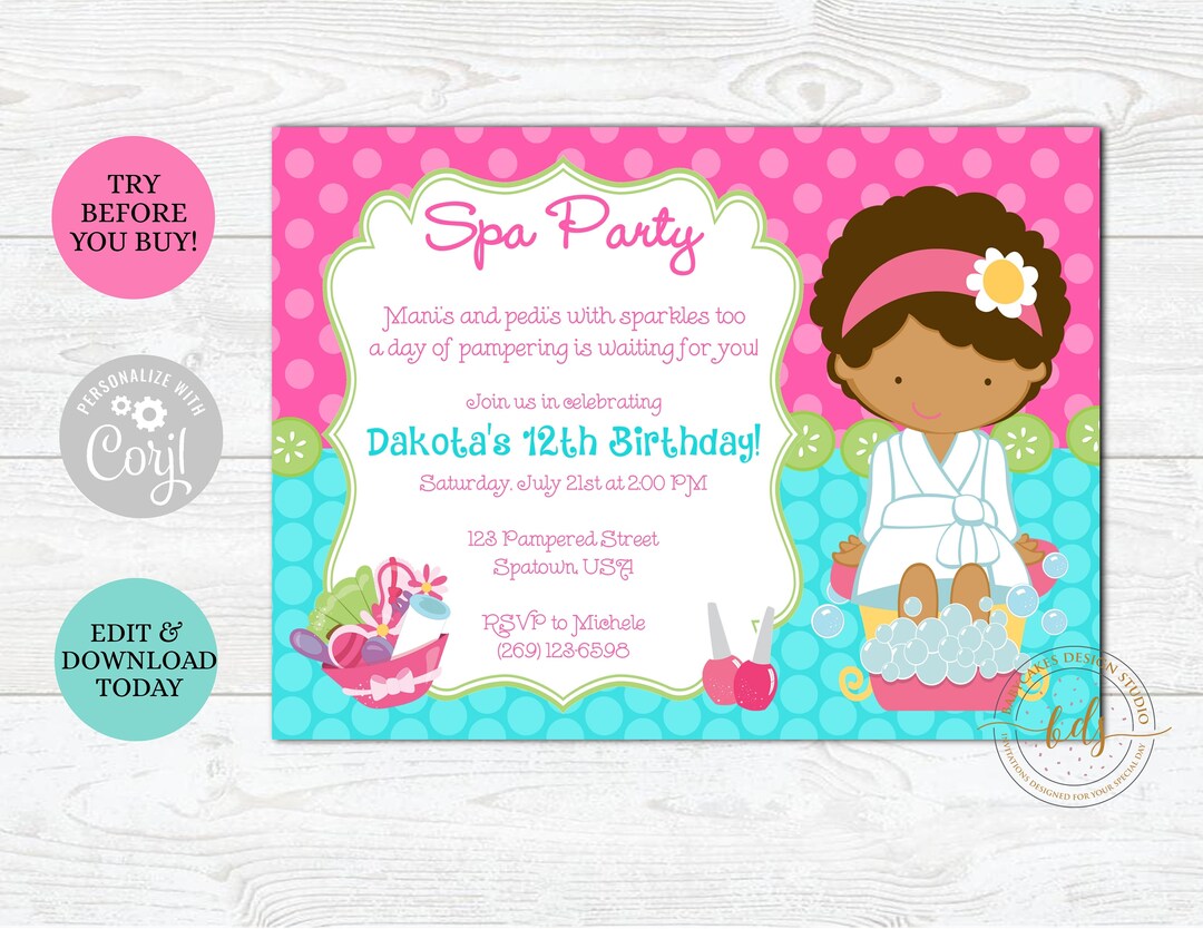 Editable Spa Invitation, Birthday Party Invite, Digital, Printable ...
