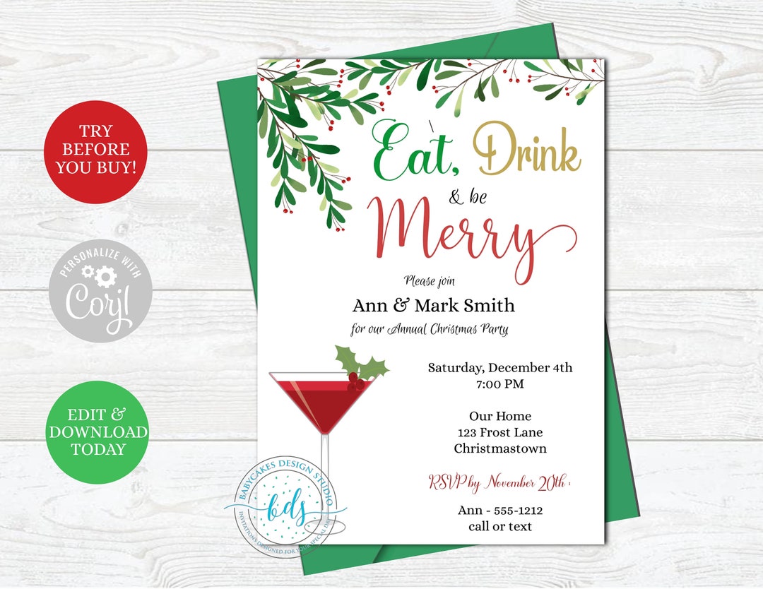 Eat Drink and Be Merry Holiday Cocktail Party Invitation, Invite ...