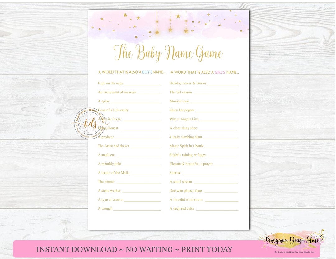 Instant Download the Baby Name Game, Moon and Stars Baby Shower Games ...