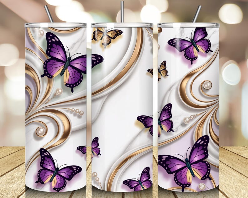Purple & Gold 3D Butterfly Tumbler Wrap, Elegant Pearl Marble Butterfly ...