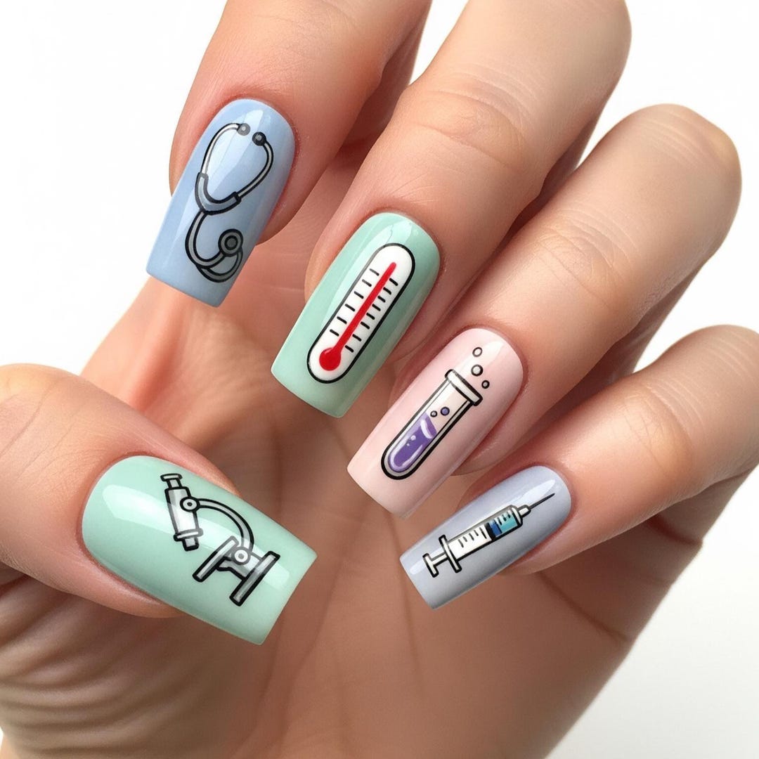 Medical Press on Nails | Doctor Nurse Nail Art | Handmade Blue Green ...