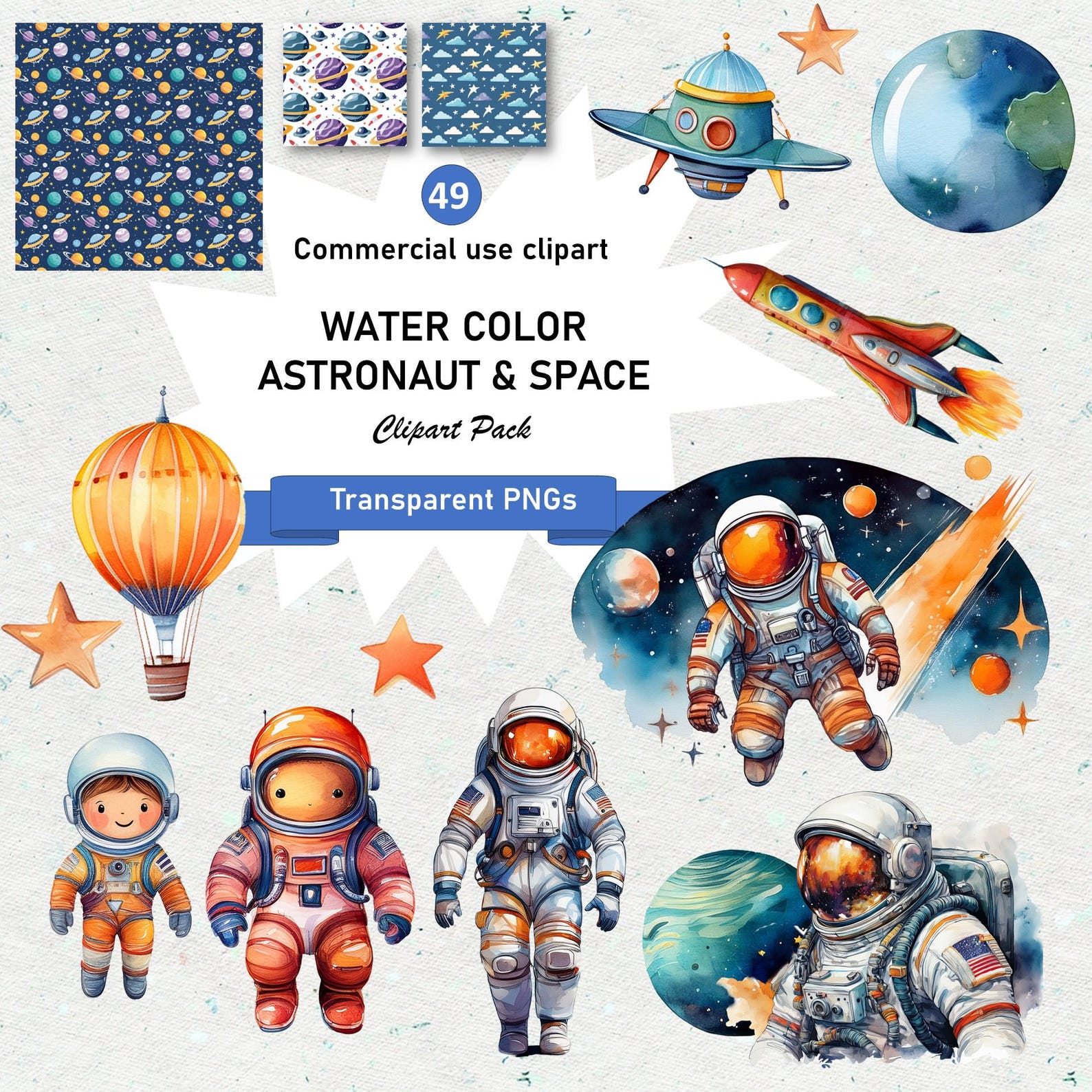 Watercolor Space Clipart Bundle: Astronauts, Planets, Rockets (PNG, 300 ...