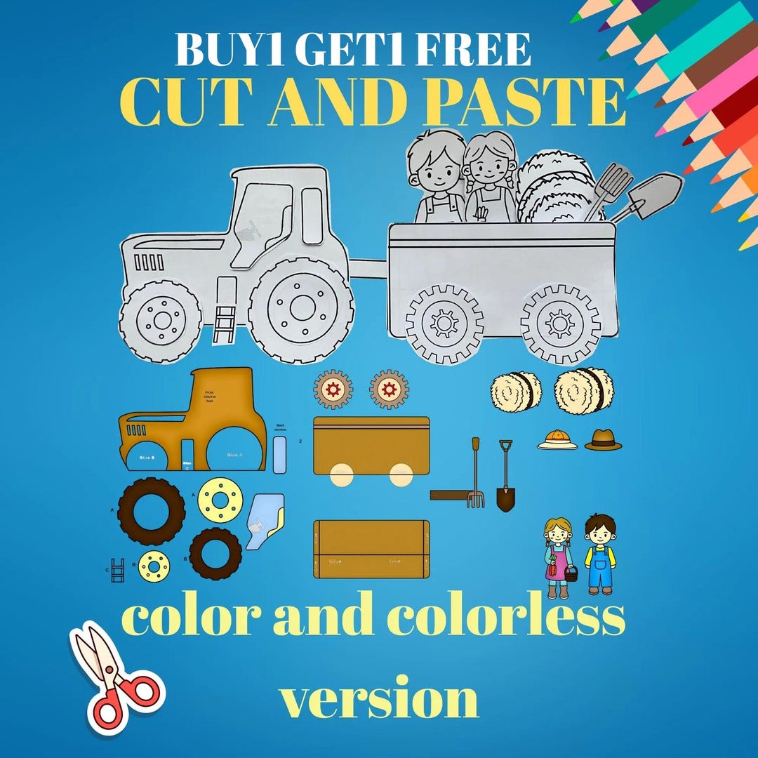 Tractor and Trailer Cut & Paste Craft Printable – Black and White ...