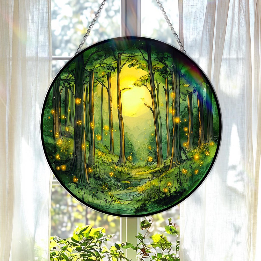 Firefly Forest Stained Glass Suncatcher Enchanted Night Forest Window ...