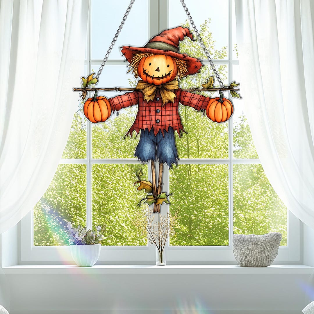Scarecrow Acrylic Suncatcher, Fall Window Decoration, Rustic Farmhouse ...