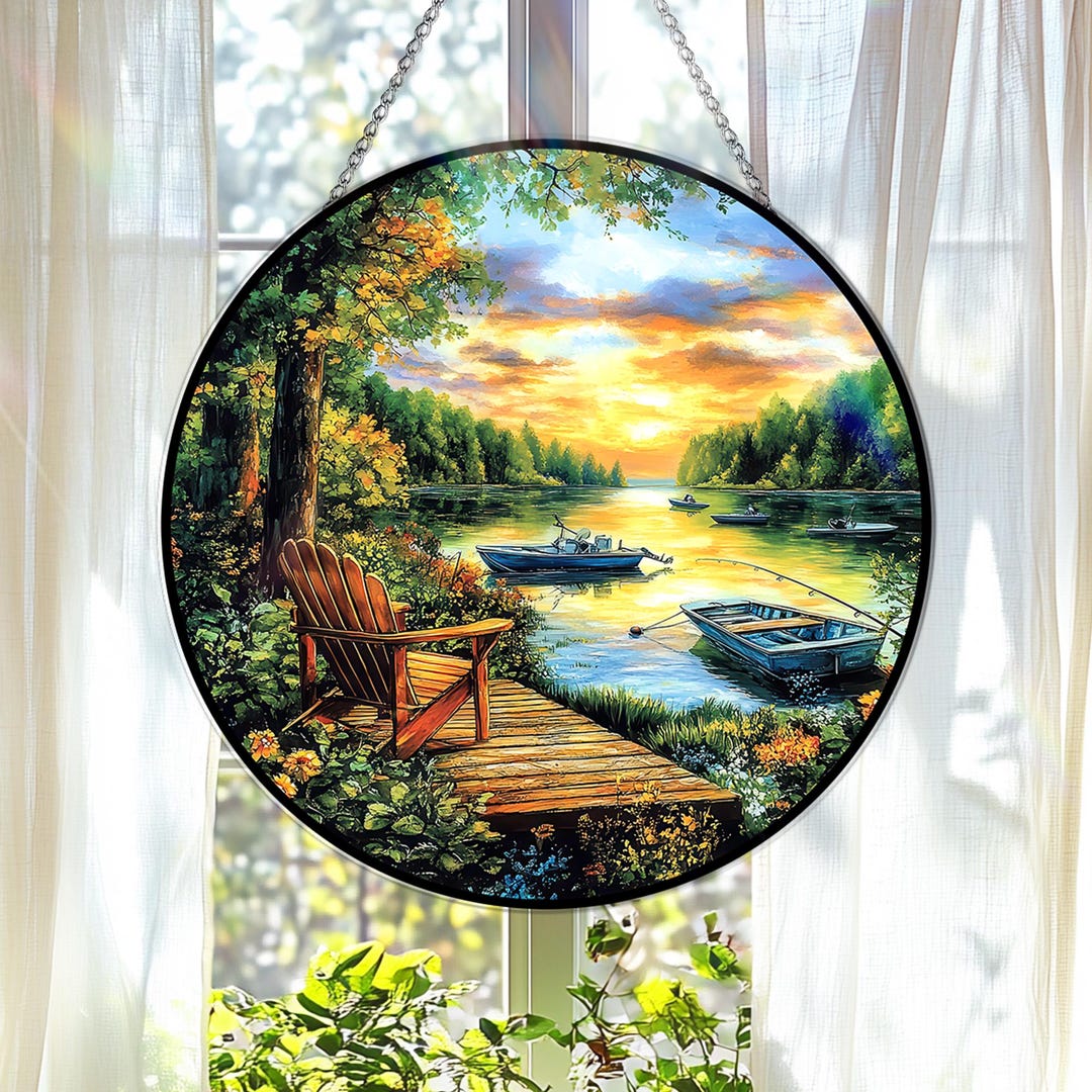 Lake Dock Sunset Stained Glass Suncatcher, Lakehouse Window Hanging ...