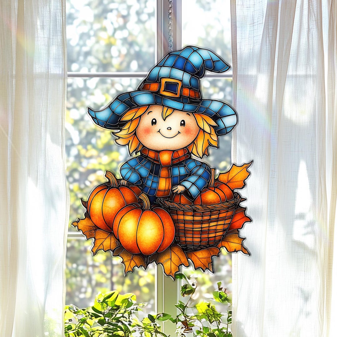Scarecrow Autumn Acrylic Suncatcher, Fall Pumpkin Window Hanging ...