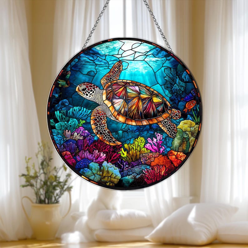 Sea Turtle Stained Glass Suncatcher Beach House Window Hanging Turtle ...