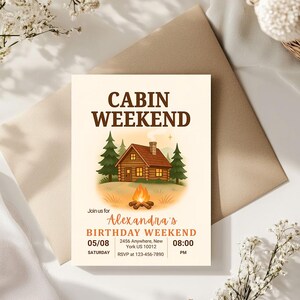 Editable Cabin Weekend Birthday Canva Invite – Cozy Camp Party Template ...