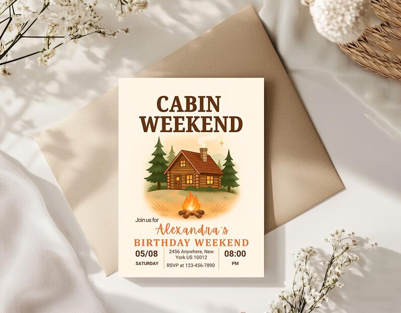 Editable Cabin Weekend Birthday Canva Invite – Cozy Camp Party Template ...