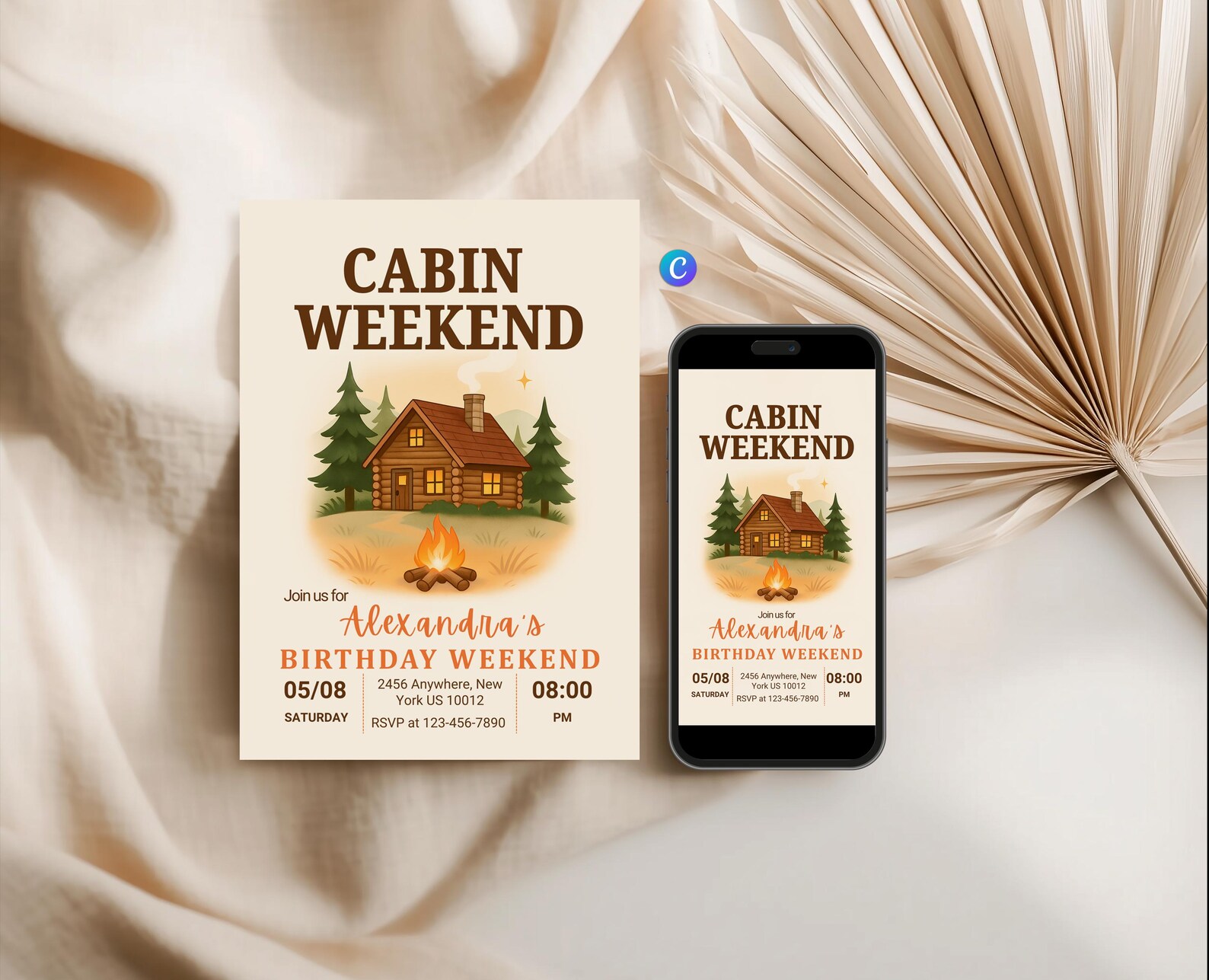 Editable Cabin Weekend Birthday Canva Invite – Cozy Camp Party Template ...