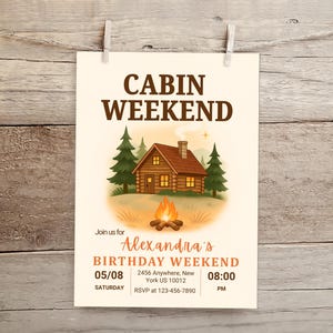 Editable Cabin Weekend Birthday Canva Invite – Cozy Camp Party Template ...