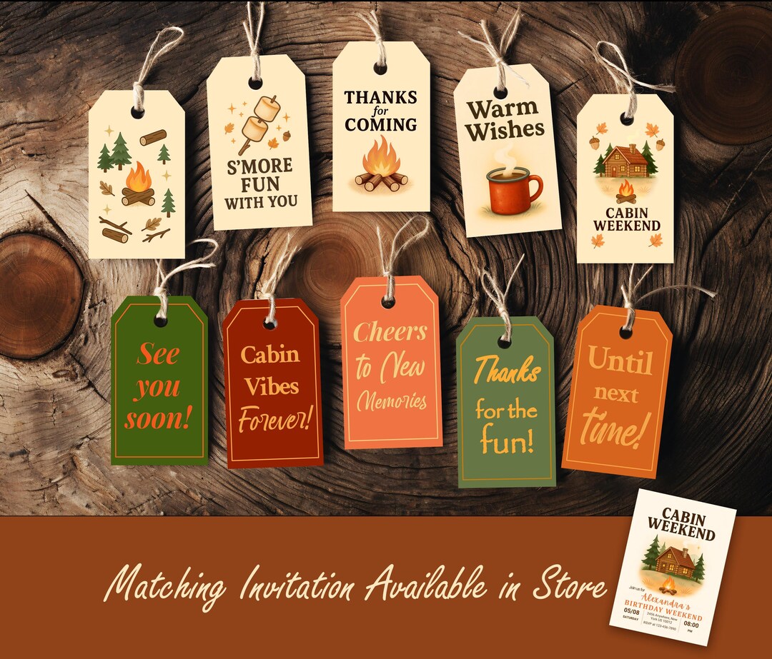Cabin Weekend Gift Tags: Printable Campfire Party Favors (PDF Download ...