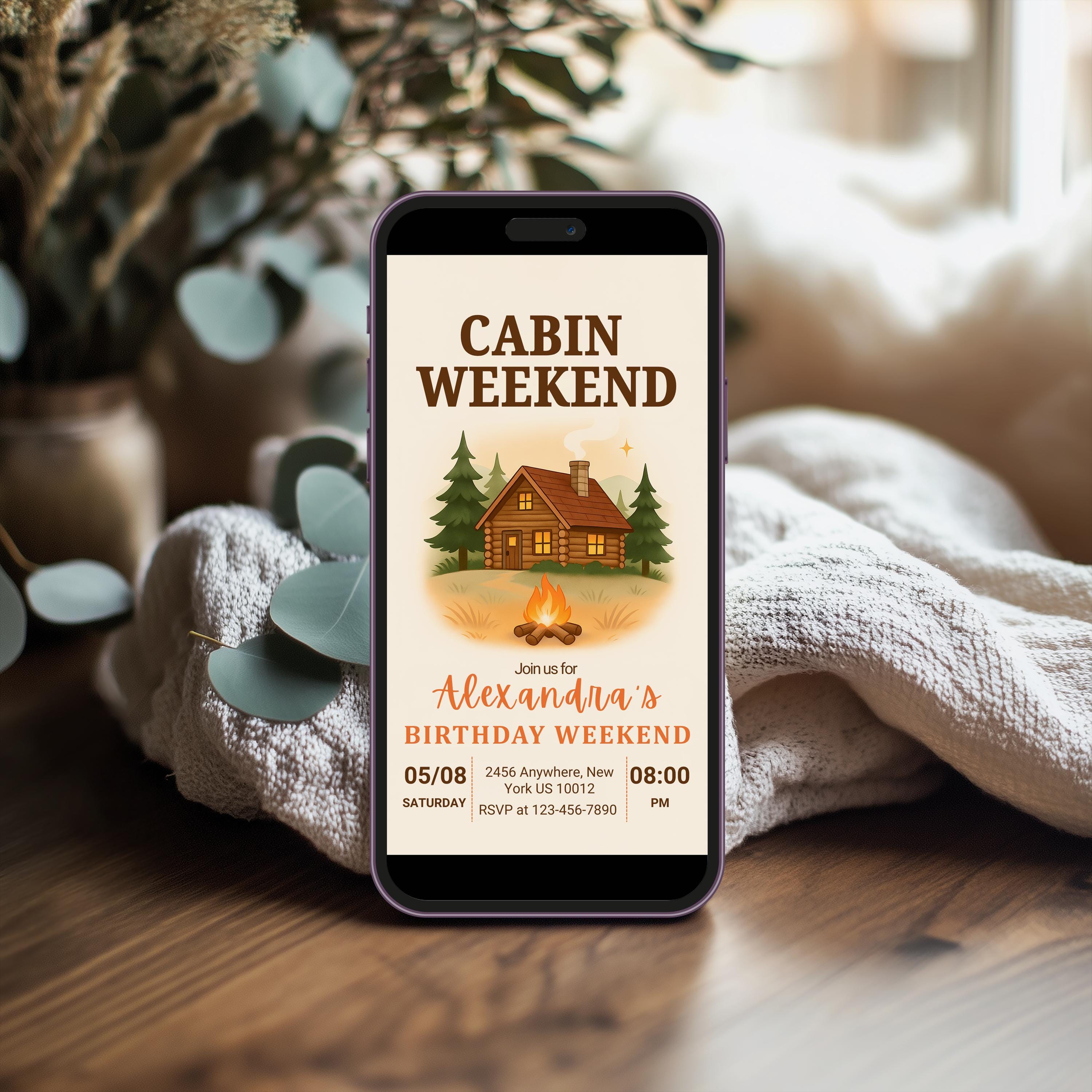Editable Cabin Weekend Birthday Canva Invite – Cozy Camp Party Template ...