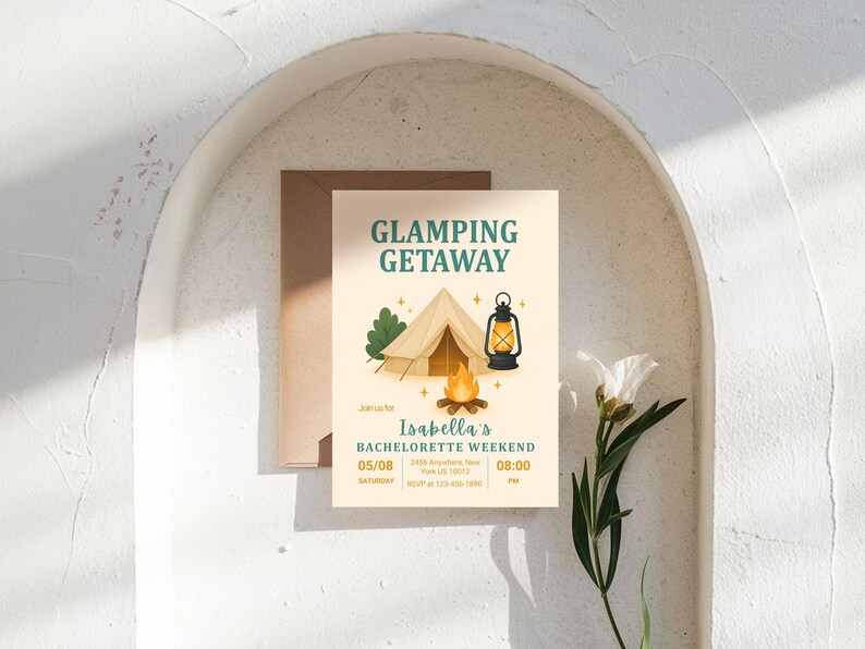 Convite de despedida de solteira com glamping editável – Modelo Canva ...