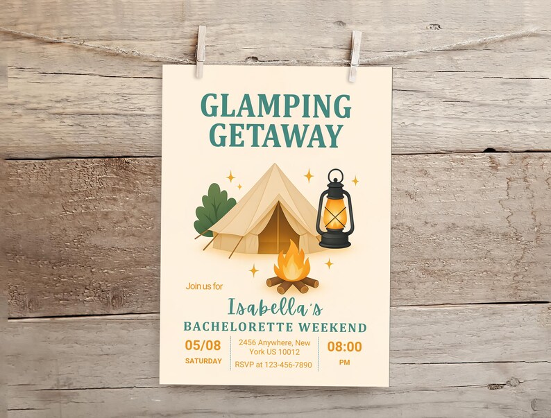 Convite de despedida de solteira com glamping editável – Modelo Canva ...
