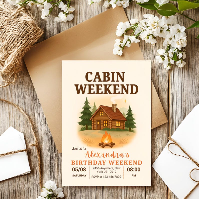 Editable Cabin Weekend Birthday Canva Invite – Cozy Camp Party Template ...