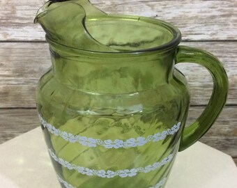 Green glass pitcher | Etsy