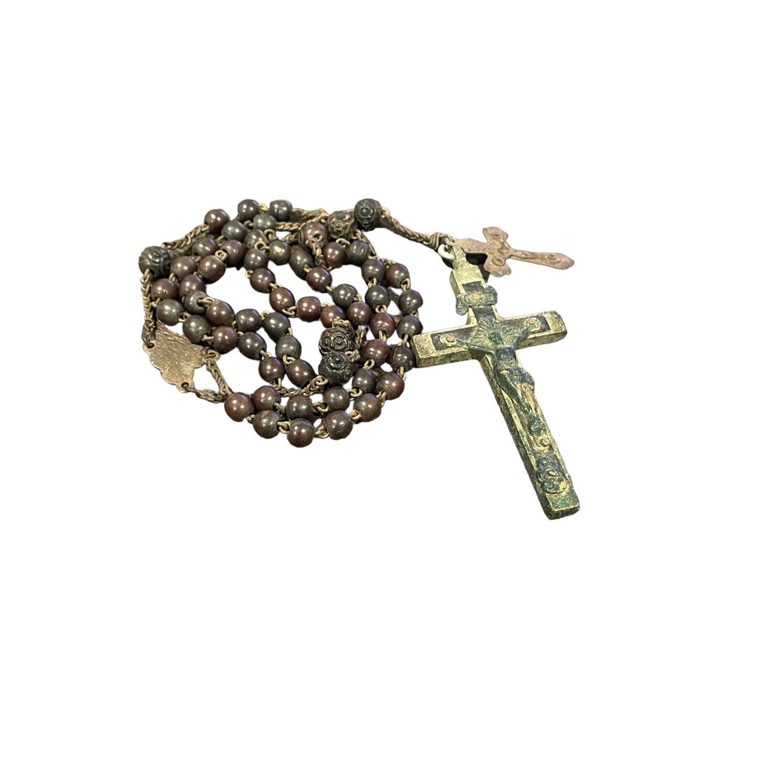 Vintage Brown Bead Double Crucifix Rosary Beads, Crucifix Christianity ...