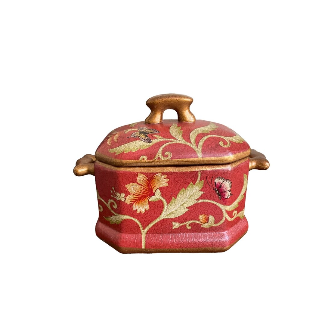 Decorative Red & Gold Box Butterflies Floral Chinoiserie - Etsy