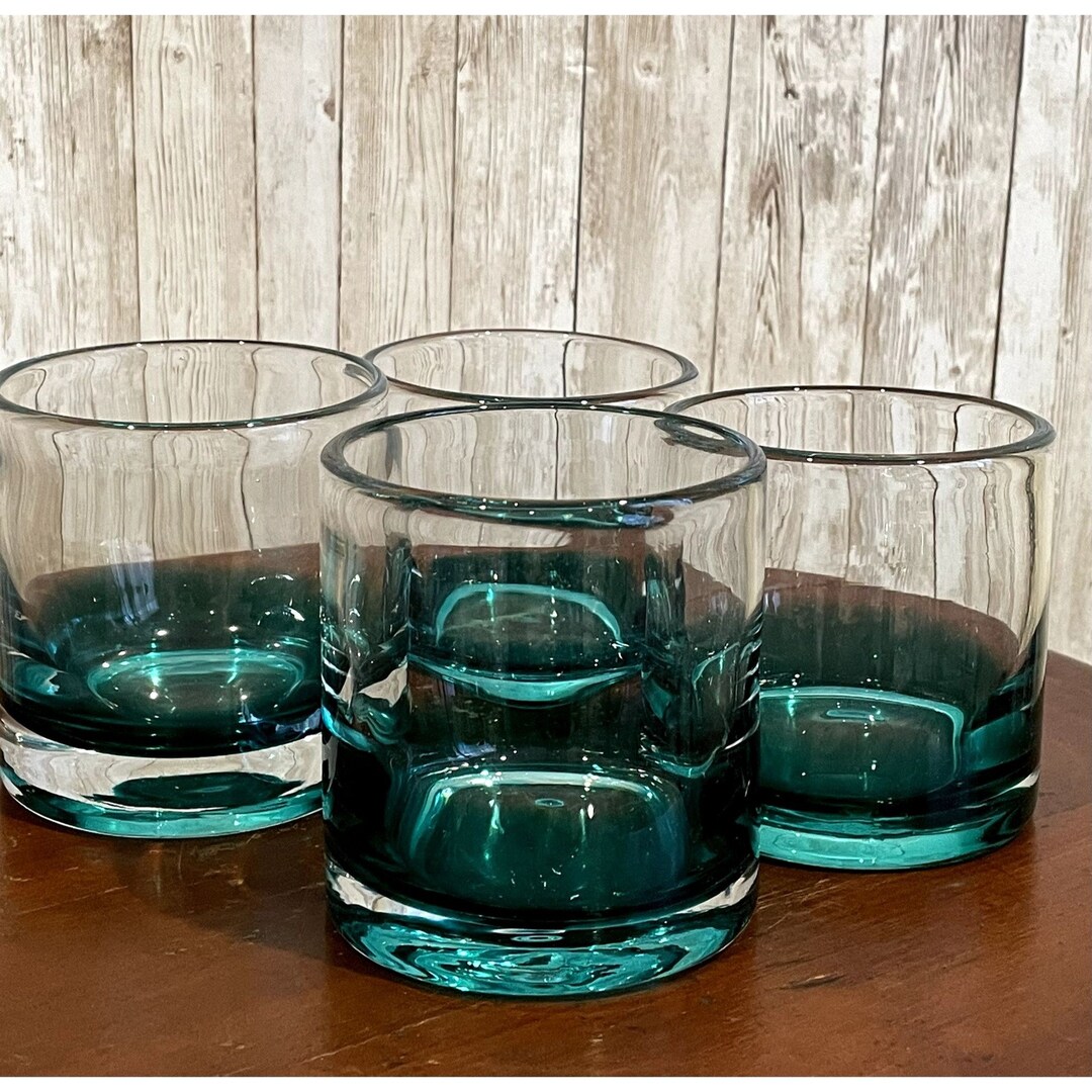 Four 12 Oz Lowball Cocktail Glasses Aqua Blue Band Heavy - Etsy
