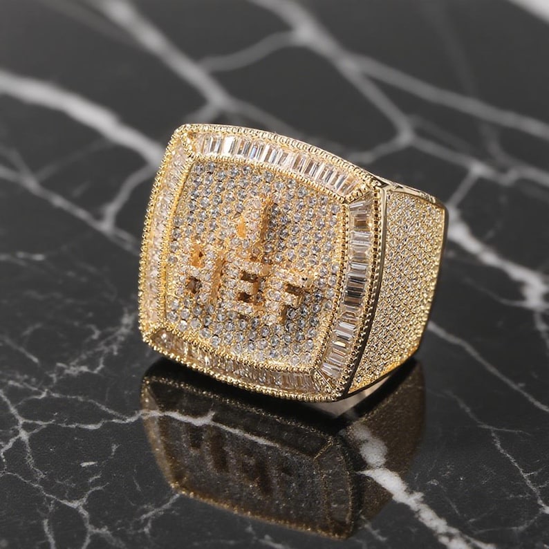 Iced Out Initial Ring: Name Ring Gold Plated CZ Bling, Hip Hop Jewelry ...