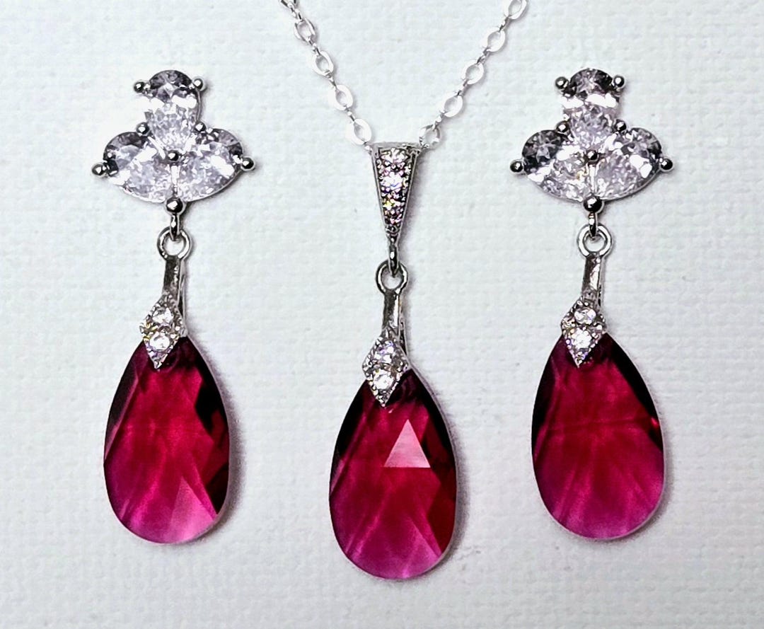 Ruby Crystal Jewelry Set, Ruby Earrings Necklace Set, Ruby Red Pink ...