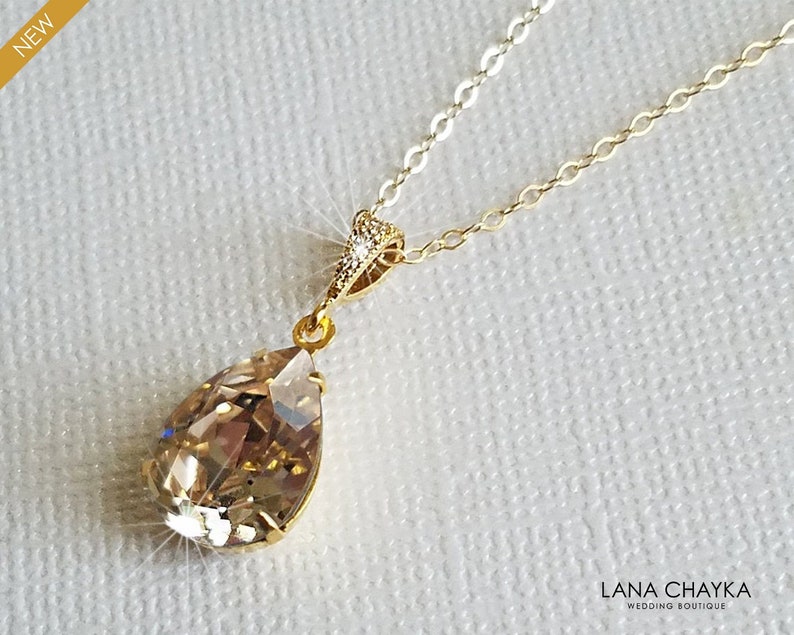 Champagne Gold Teardrop Crystal Necklace, Light Silk Beige Wedding Prom ...