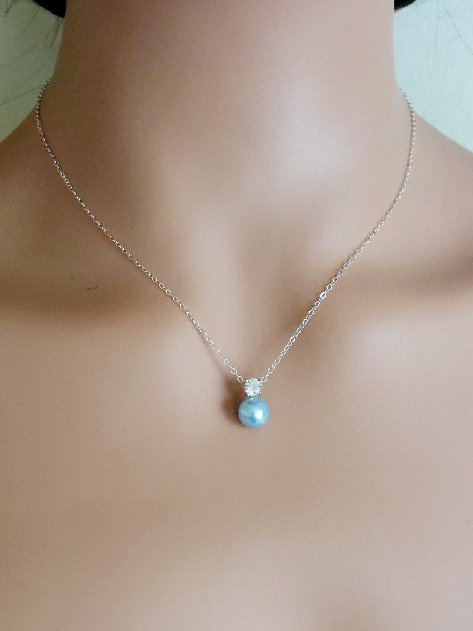 Blue Pearl Bridal Necklace Light Blue Pearl Silver Minimalist | Etsy