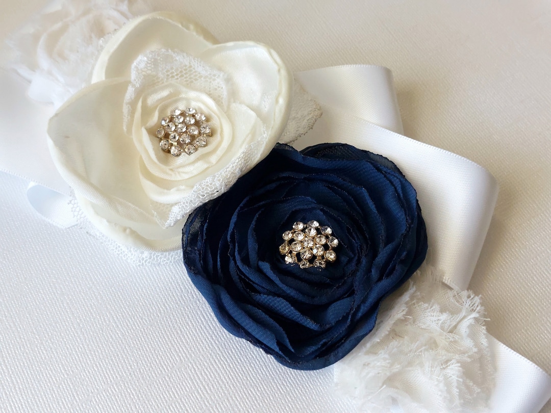 Navy Blue White Wedding Sash, Blue White Flower Girl Sash, Dark Blue ...