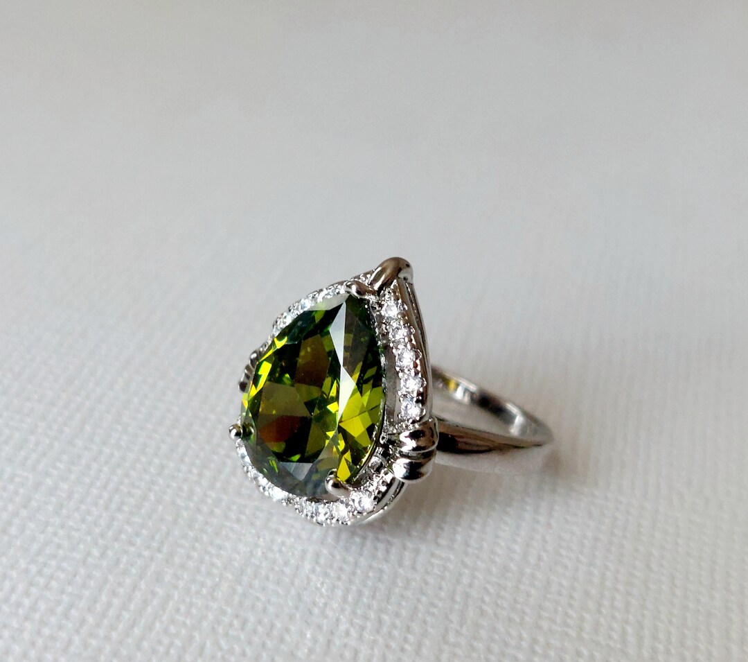 Olivine Crystal Cocktail Ring, Olive Green Women Ring, Olivine Silver ...