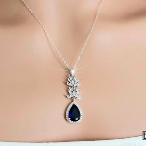 Navy Blue Crystal Wedding Necklace, Sapphire Blue Teardrop Pendant ...