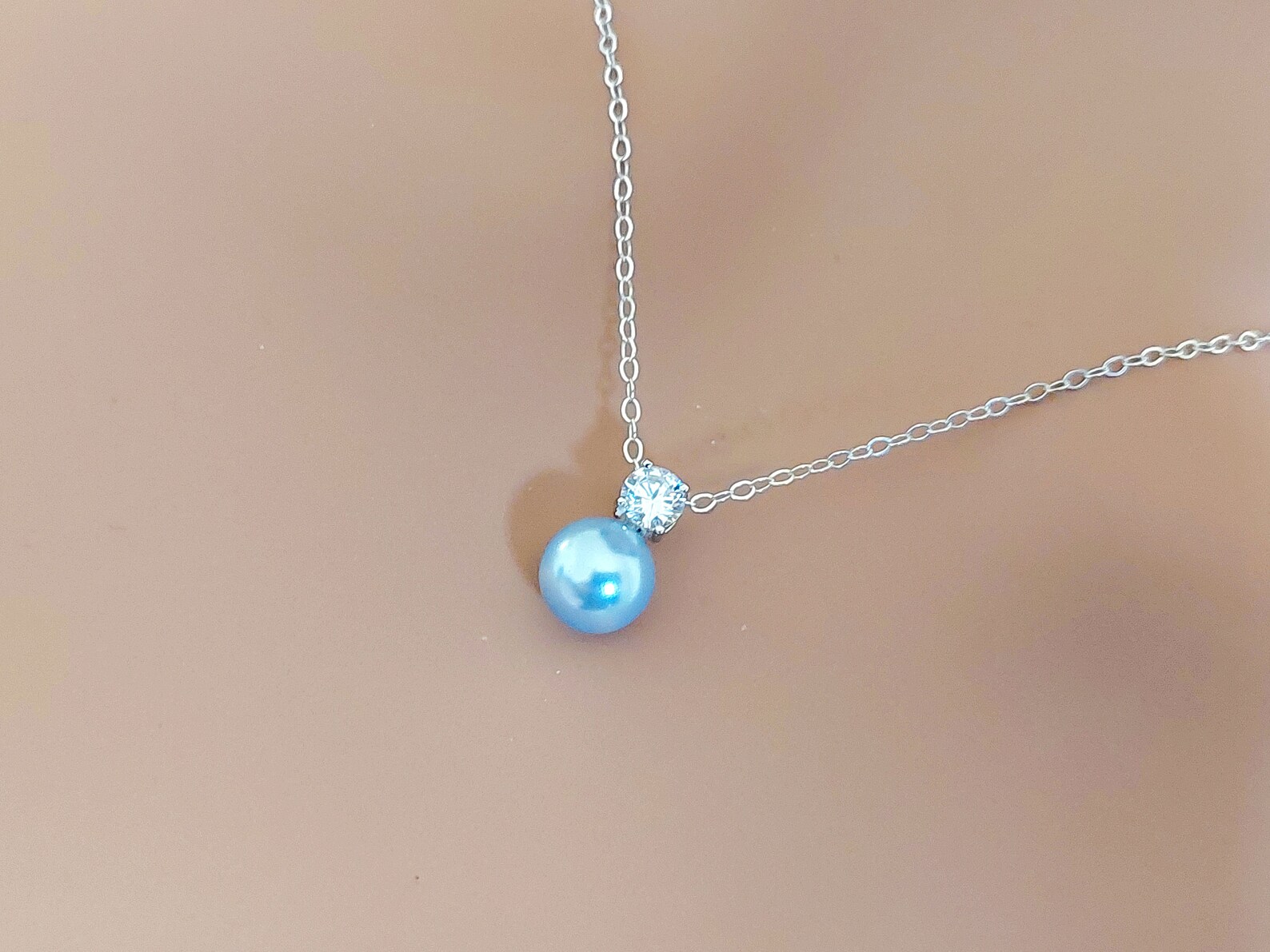Blue Pearl Bridal Necklace Light Blue Pearl Silver Minimalist | Etsy