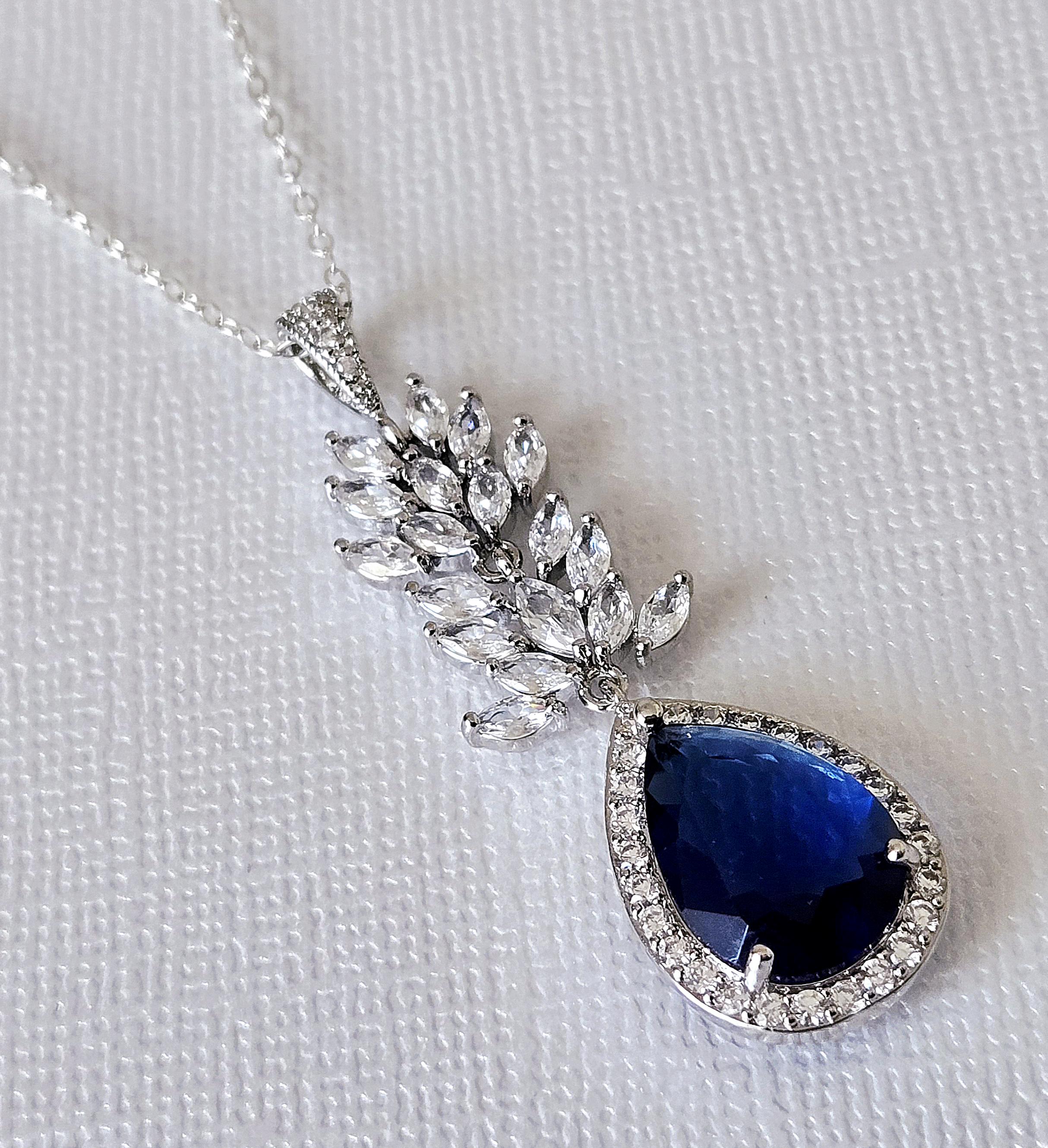 Navy Blue Crystal CZ Teardrop Wedding Necklace, Sapphire Silver Bridal ...