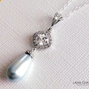 Light Blue Pearl Necklace, Blush Blue Teardrop Bridal Necklace, Blue ...