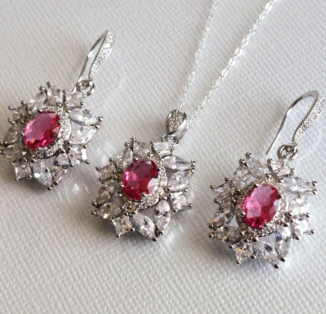 Pink Crystal Jewelry Set, Rose Pink CZ Halo Earrings Necklace Set ...