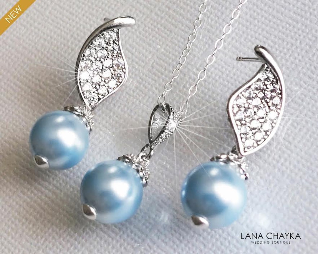 Light Blue Pearl Jewelry Set, Blush Blue Pearl Earrings Necklace Set ...
