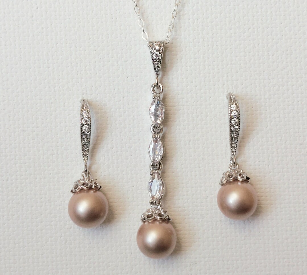 Champagne Pearl Jewelry Set, Powder Almond Pearl Earrings Necklace Set ...